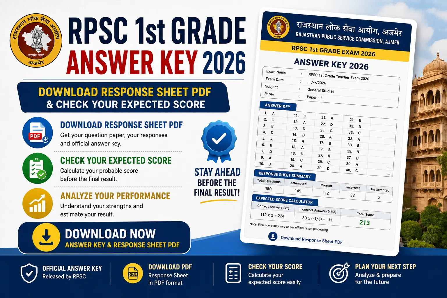 RPSC 1st Grade Answer Key 2026: Download Response Sheet PDF and Check ...